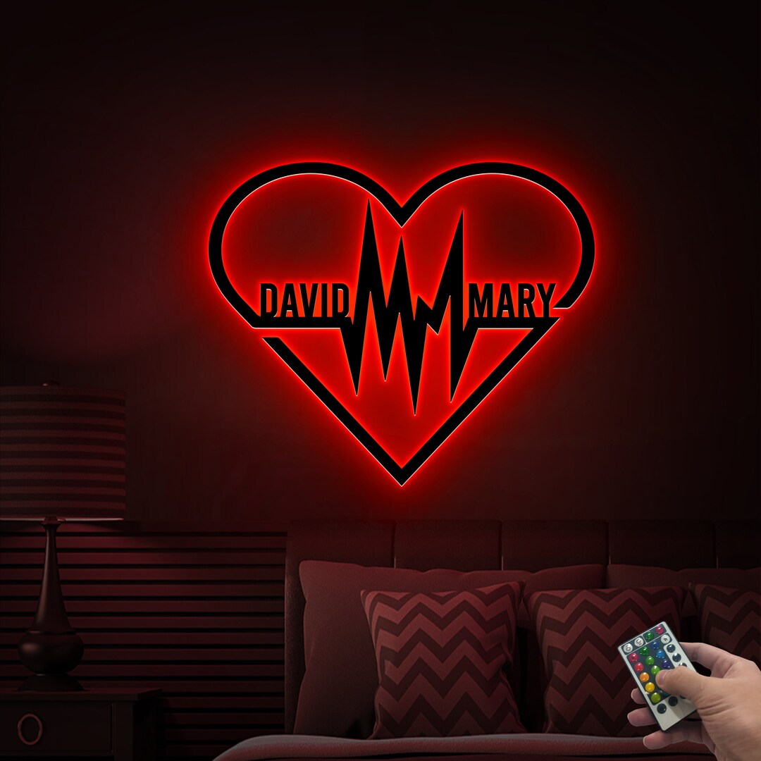 Personalized Heartbeat Metal Sign With Led Lights, Custom Heart Names ...