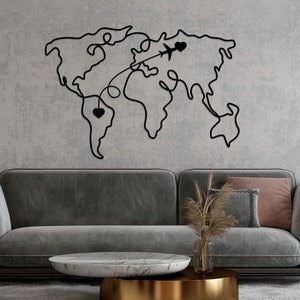 World Map With Plane Metal Sign, Minimalist Metal Line Art, Metal Wall ...