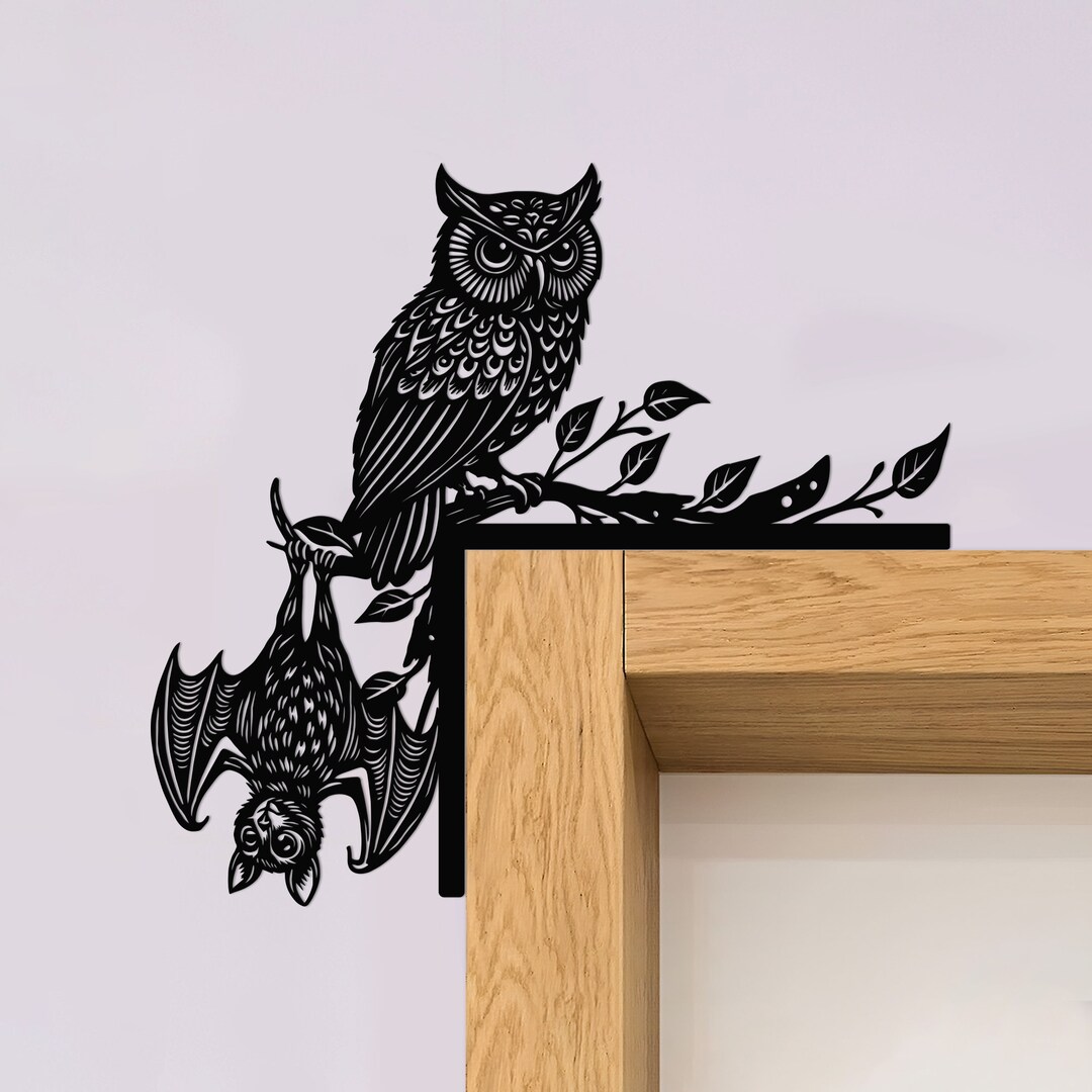 Halloween Door Corner Sign, Cat Owl on Tree Branch With Bat, Owl Door ...