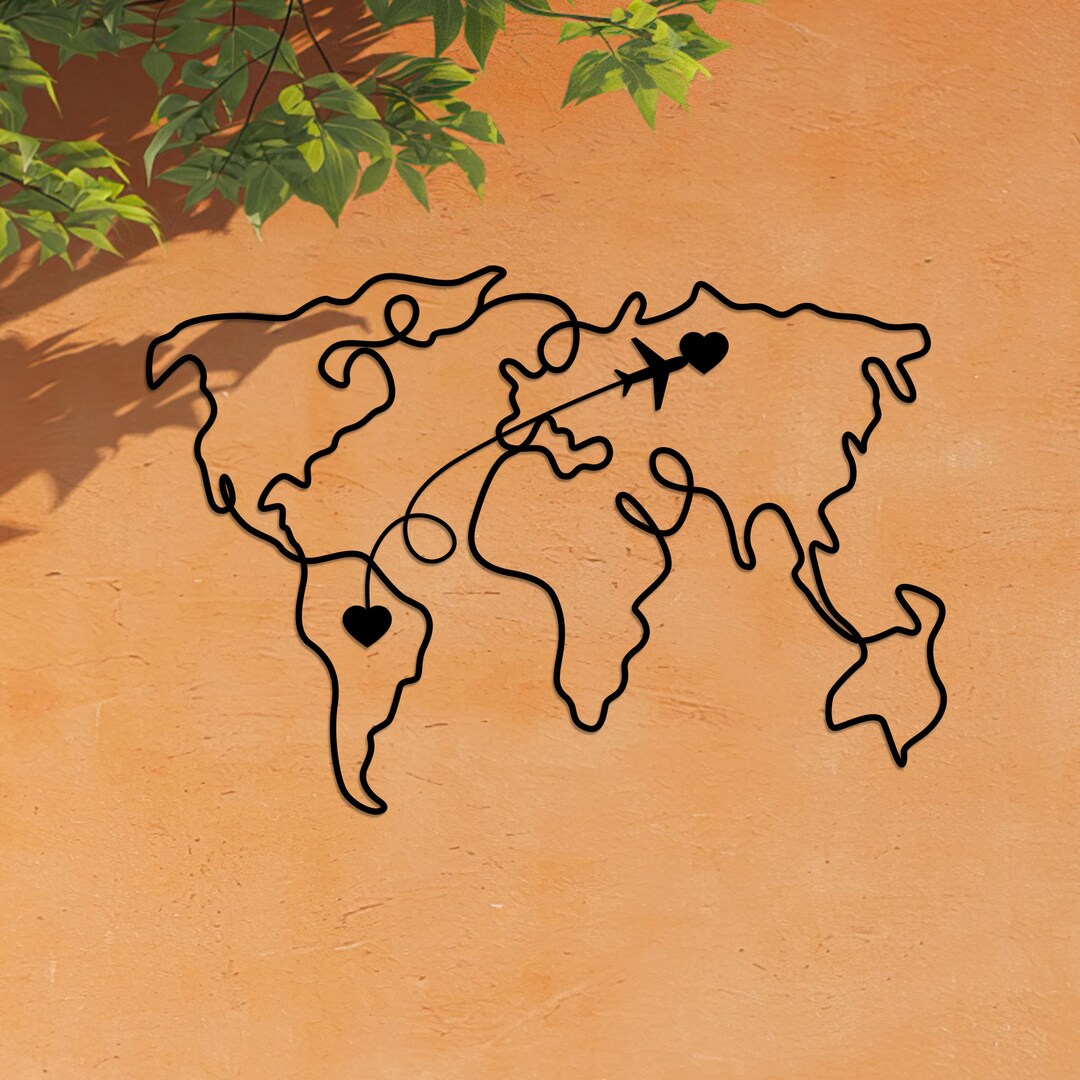 World Map With Plane Metal Sign, Minimalist Metal Line Art, Metal Wall ...