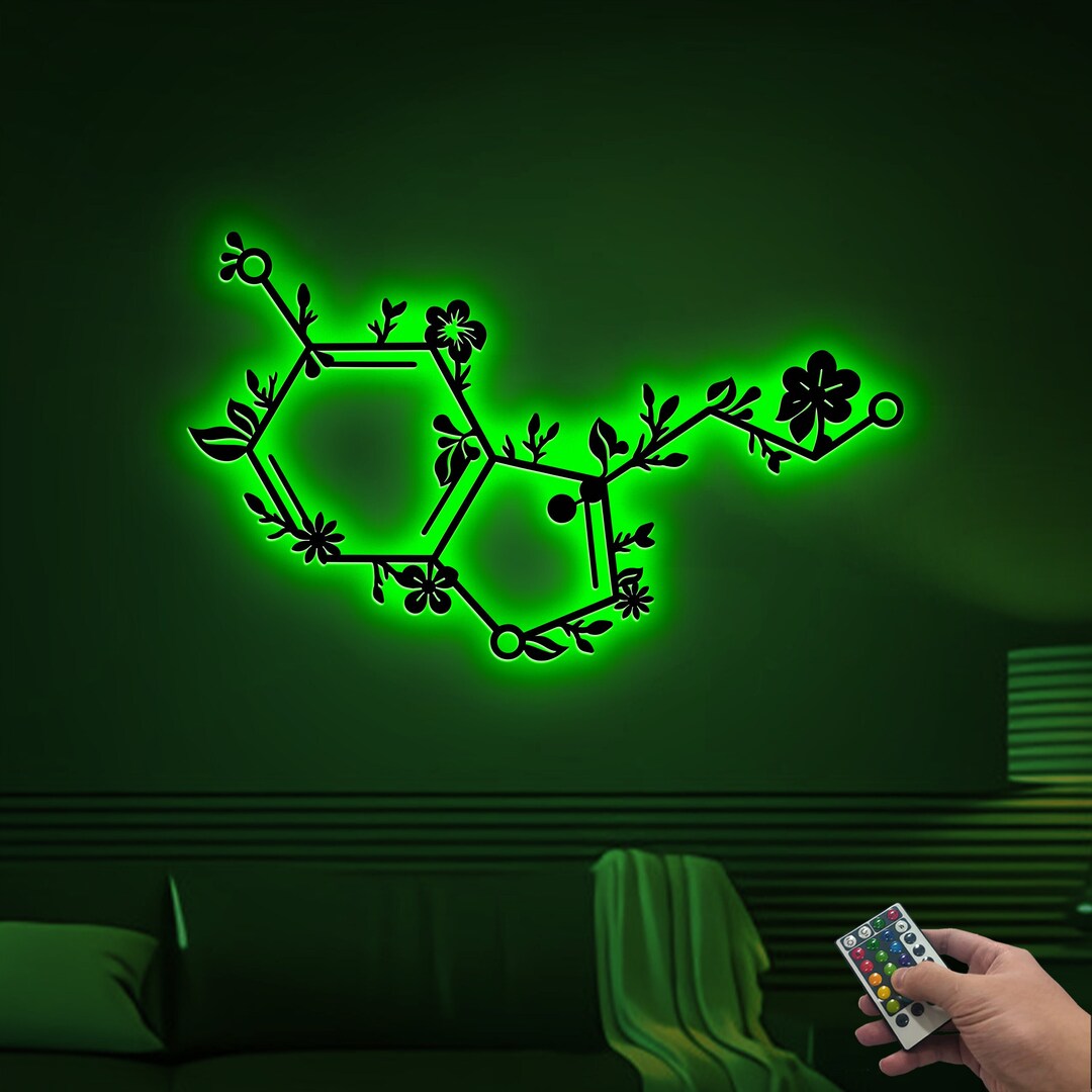 Serotonin Metal Sign LED Lights, Symbol of Happiness Wall Art, Flowered ...