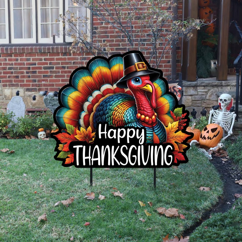 Thanksgiving Turkey Garden Metal Sign, Autumn Colors Happy Thanksgiving ...