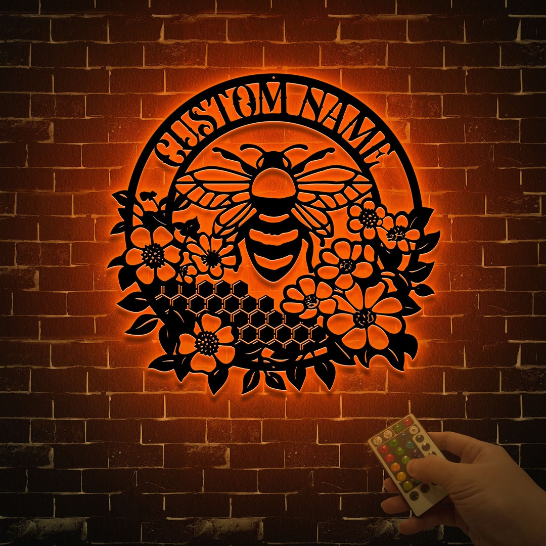 Personalized Honey Bee Metal Wall Sign With Led Lights, Custom Name ...
