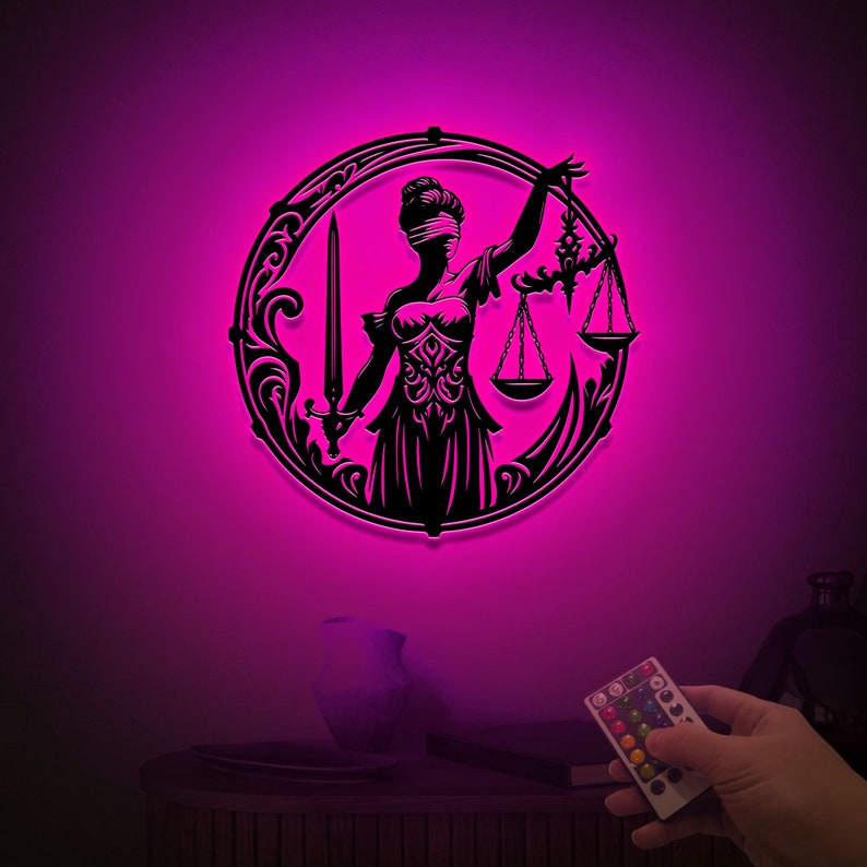 Lady Justice Metal Sign With Led Lights, Themis Justitia Metal Wall Art ...