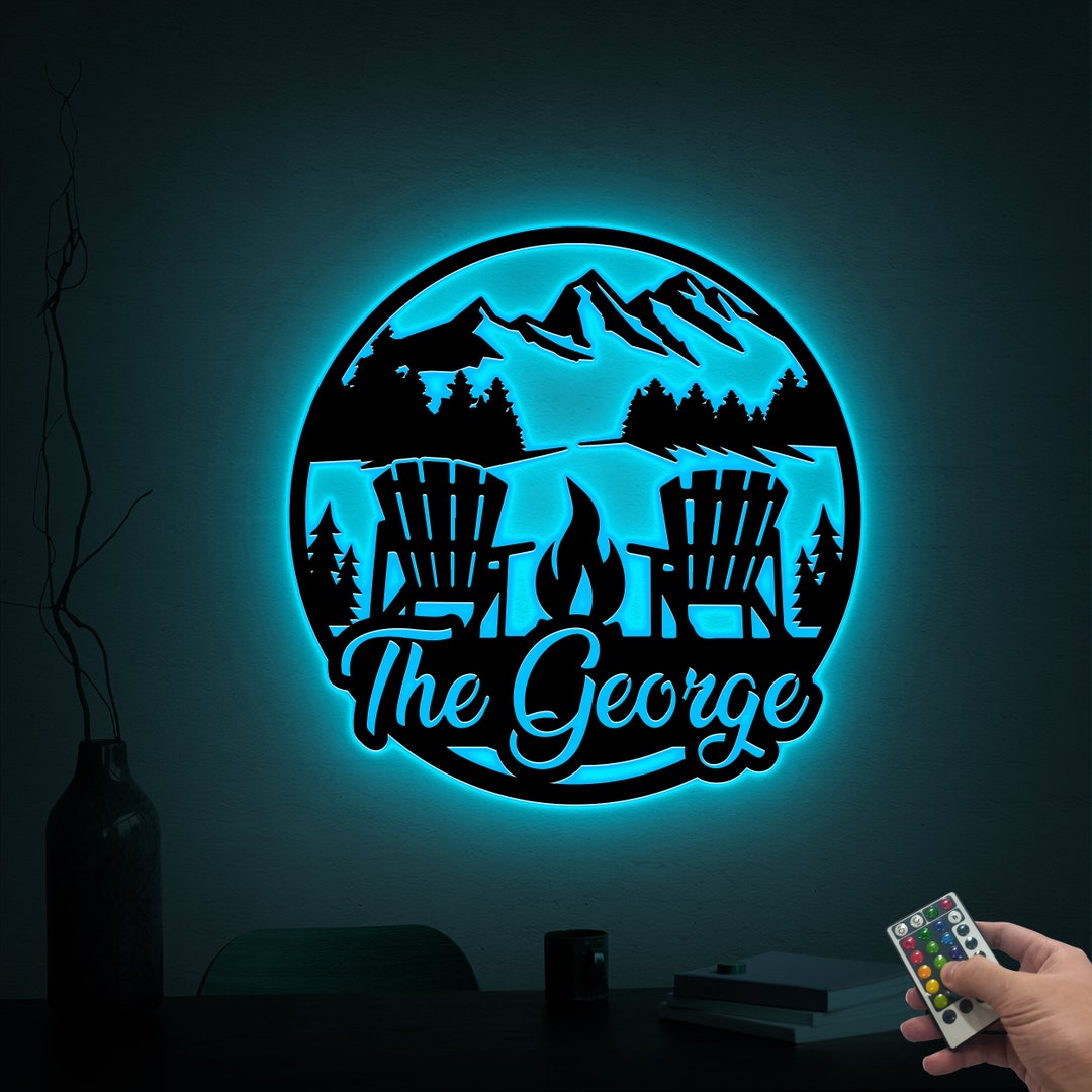 Custom Name Campfire Metal Wall Art With Led Lights, Metal Camping Sign ...