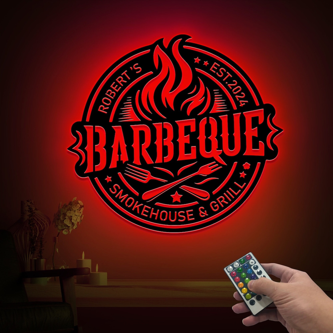 Custom Barbecue Sign for Outdoor, Personalized Grill Sign With Lights ...