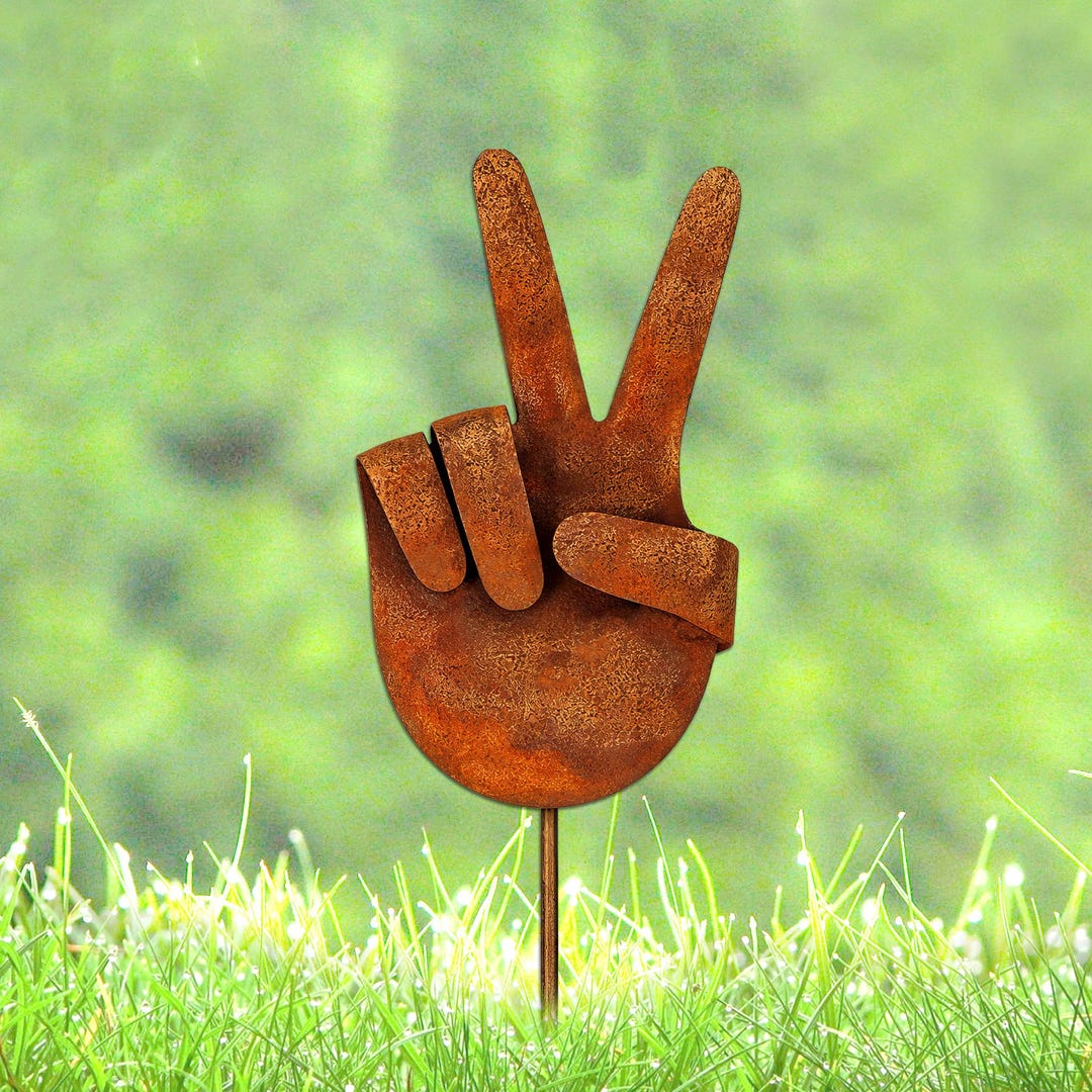 Metal Peace Sign Hand Garden Stake, Hands Metal Yard Art, Hand Gesture ...