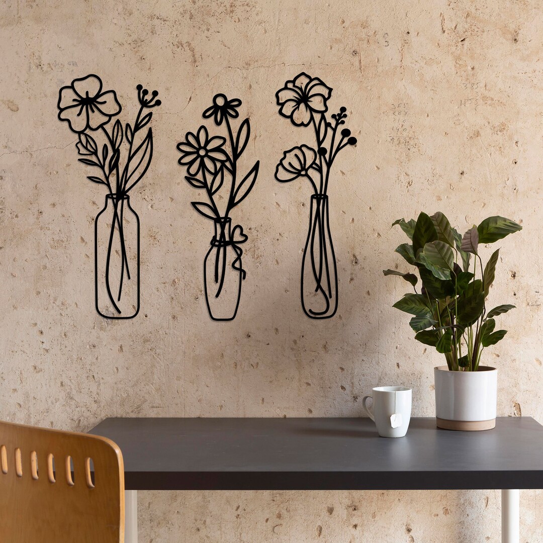 Set 3 Signs Flower in Vase Metal Sign, Spring Flower Art, Kitchen Wall ...