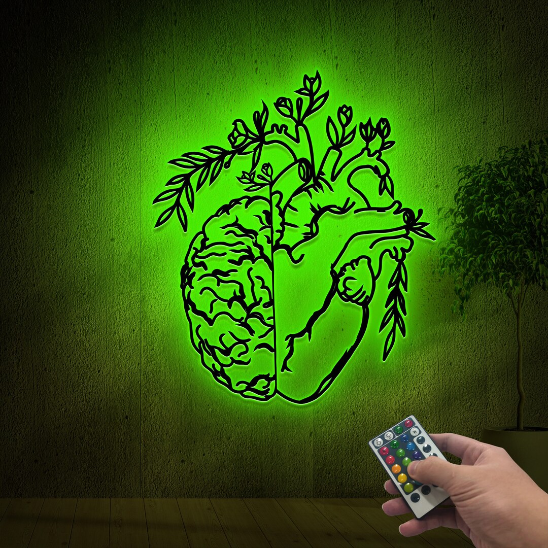 Heart and Brain Metal Sign Wall Art With Led Lights, Mental Health ...