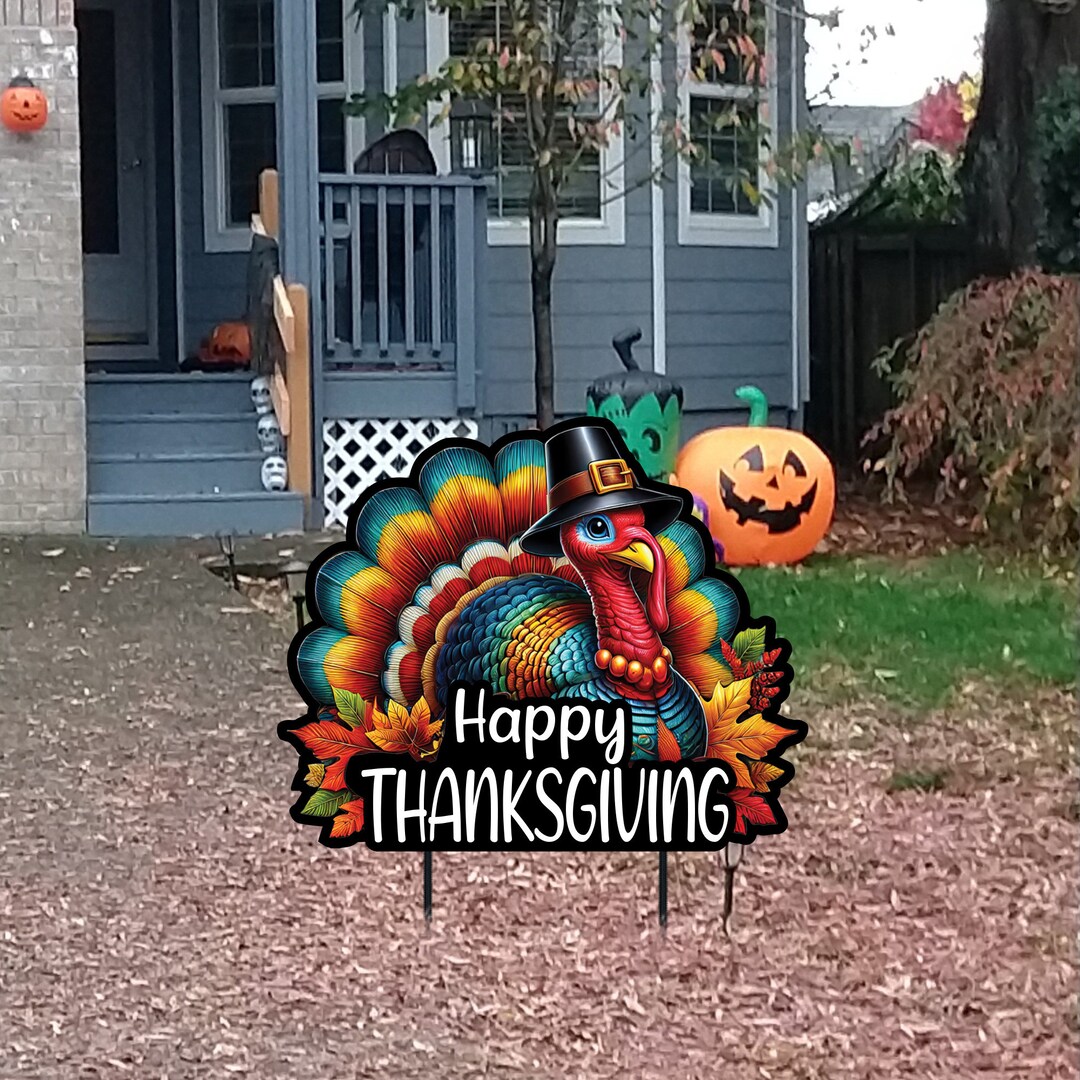 Thanksgiving Turkey Garden Metal Sign, Autumn Colors Happy Thanksgiving ...