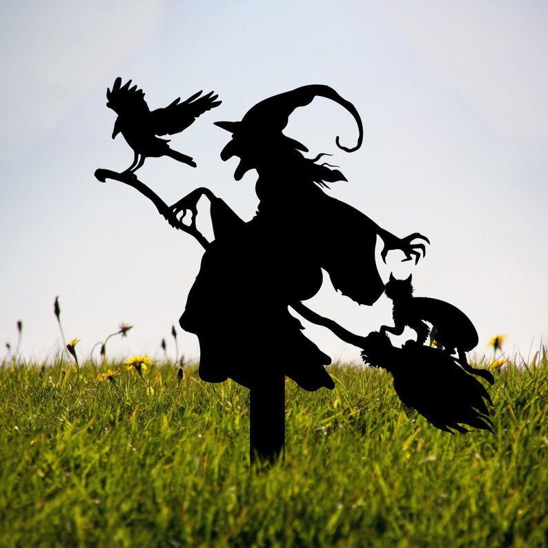 Witch With Broomstick Metal Garden Stake, Witch With Stakes Garden Sign ...