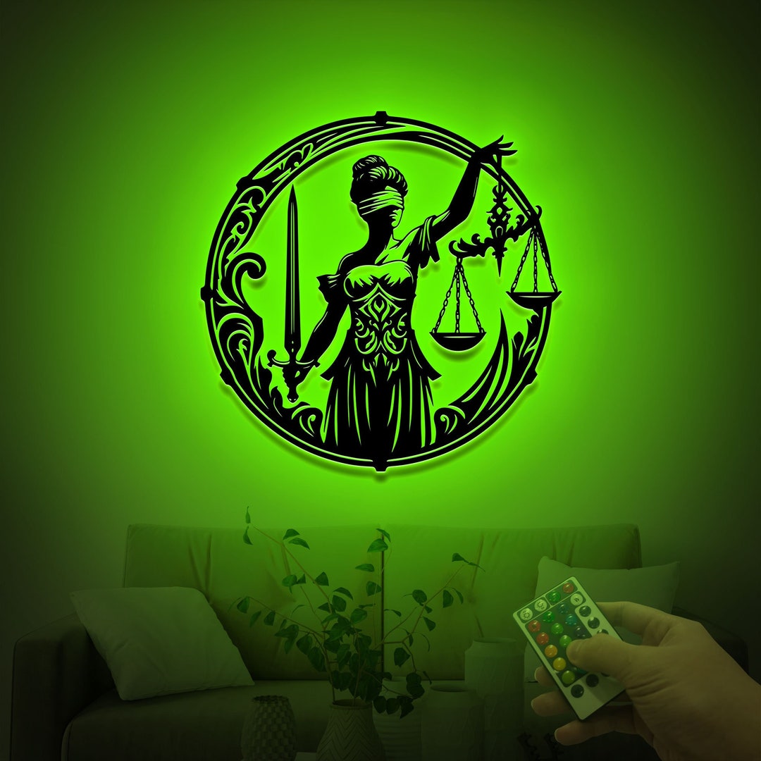 Lady Justice Metal Sign With Led Lights, Themis Justitia Metal Wall Art ...