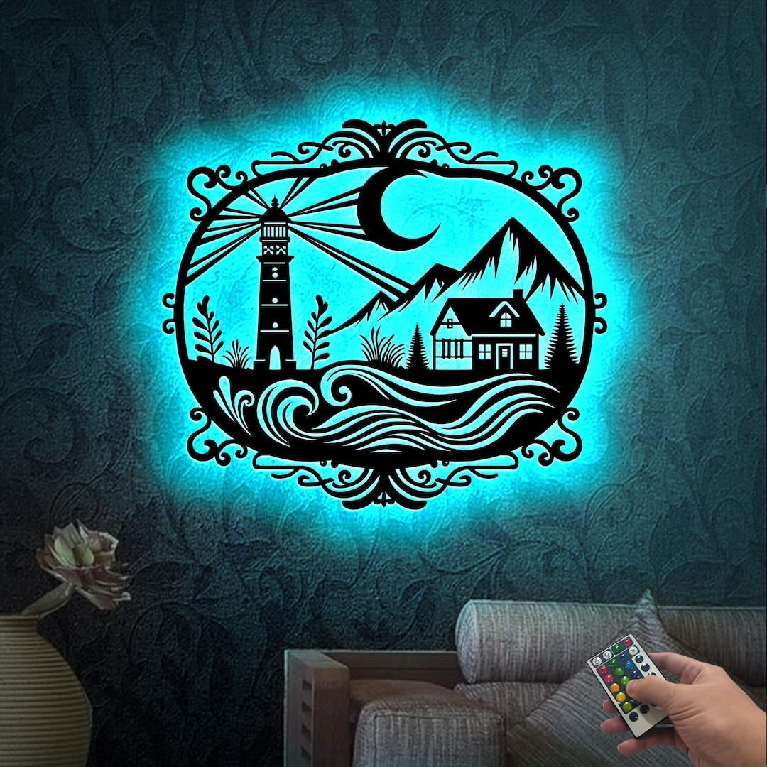 Custom Lighthouse Nautical Metal Wall Art With Led Lights, Personalized ...