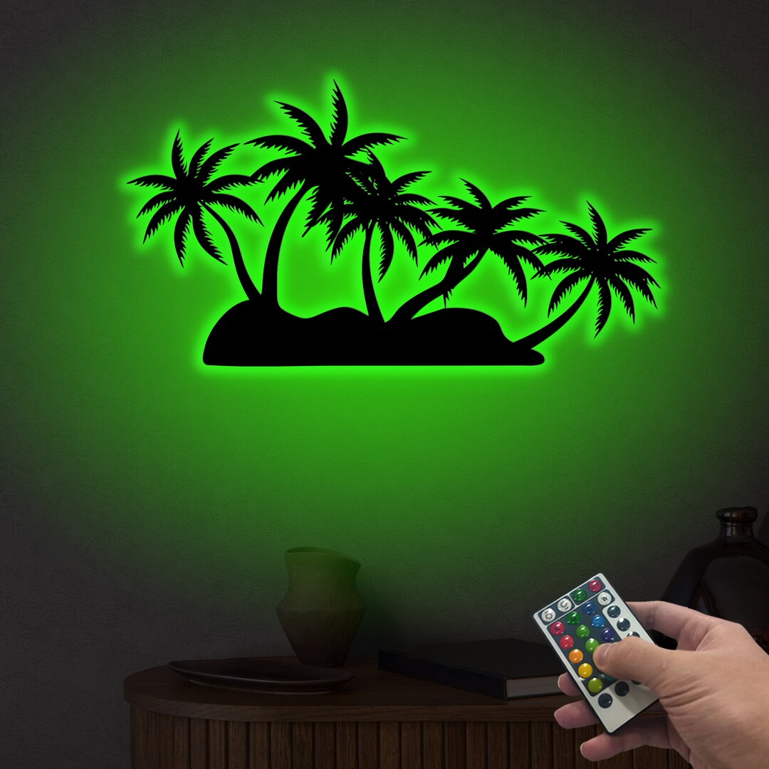 Tropical Palms Metal Wall Art With Led Lights, Palm Leaf Art, Coastal ...
