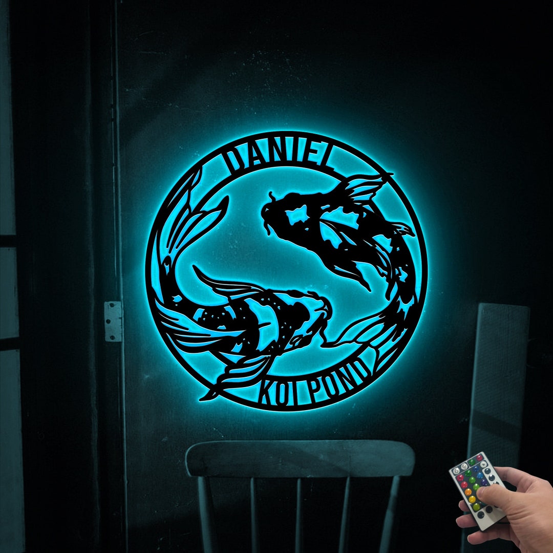 Custom Koi Fish Metal Wall Art With Led Lights, Personalized Name Sign ...