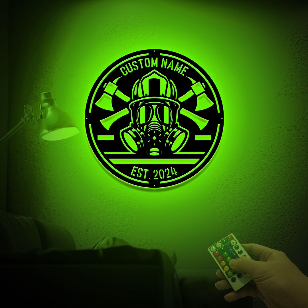 Personalized Firefighter Round Metal Sign With Led Light, Firefighter ...