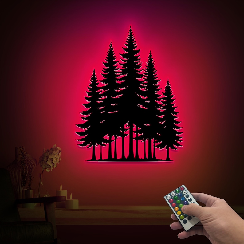 Wispy Pine Tree Metal Wall Art With Led Lights, Cedar Tree Metal Sign ...
