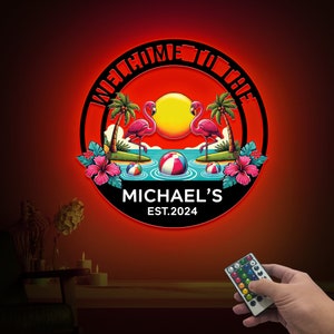 Custom Flamingo Poolside Metal Sign With Led Light, Printed Flamingo ...