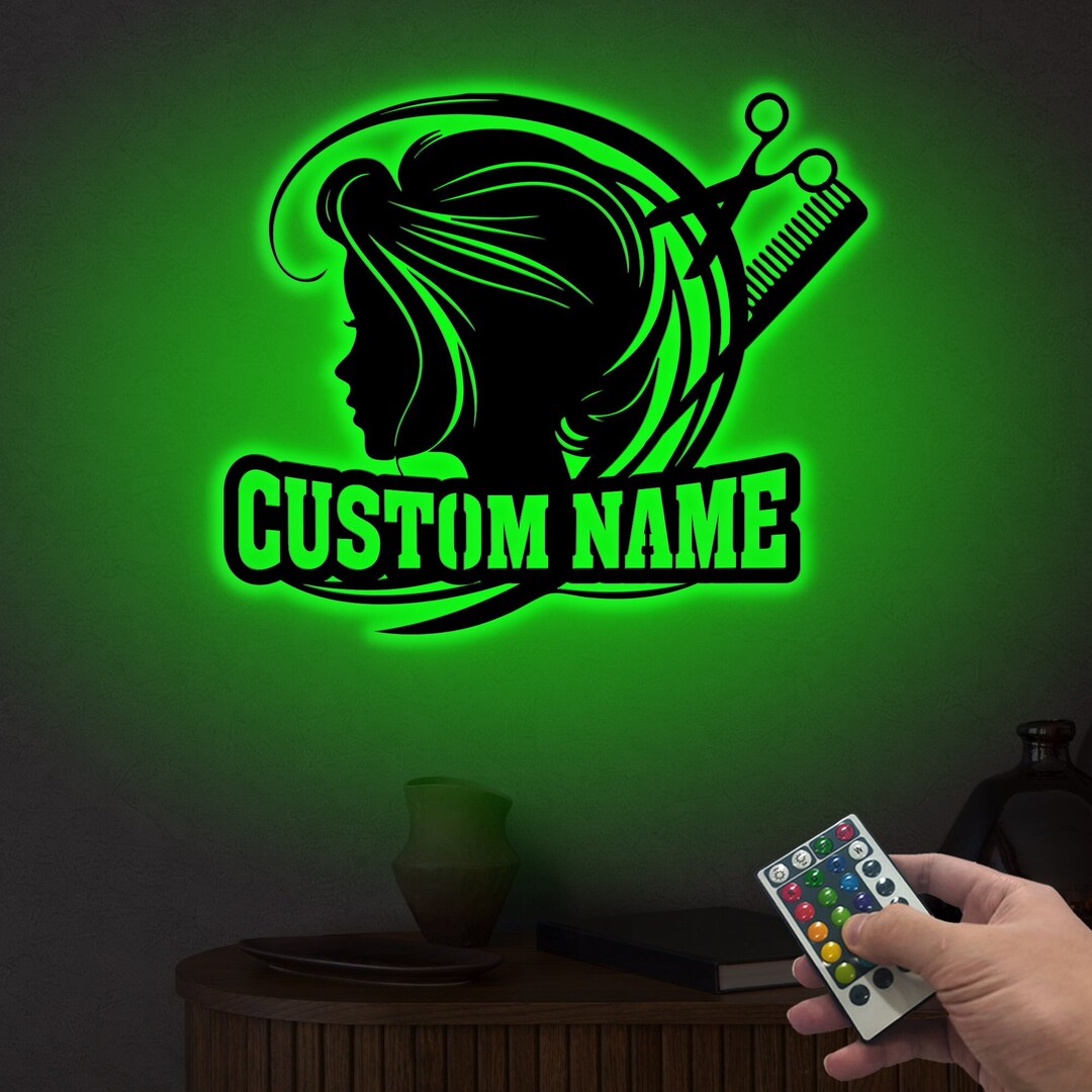 Personalized Hair Salon Metal Sign With Led Lights, Custom Beauty Salon ...