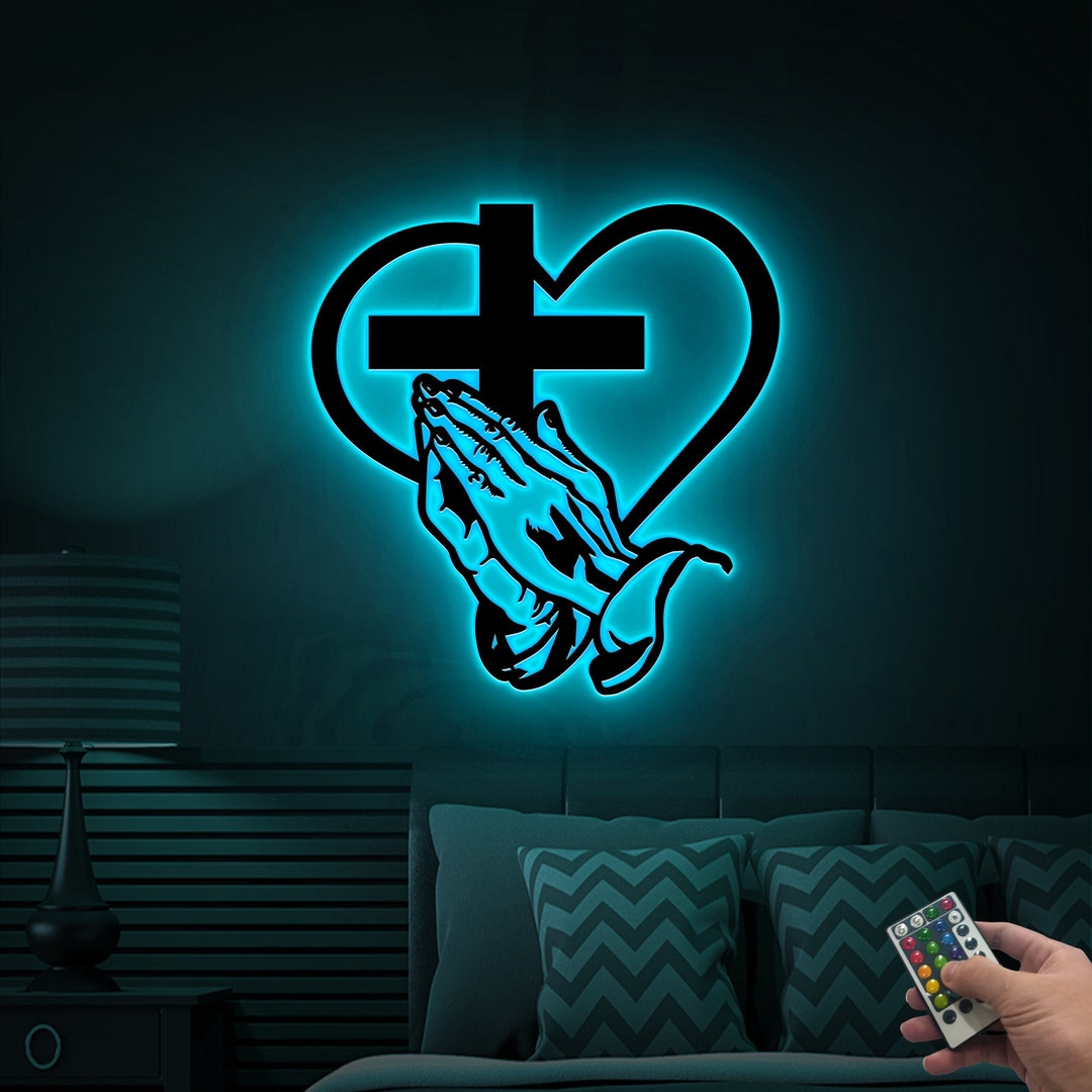 Christian Cross Metal Sign With Led Lights, Cross Wall Art, Metal Heart ...