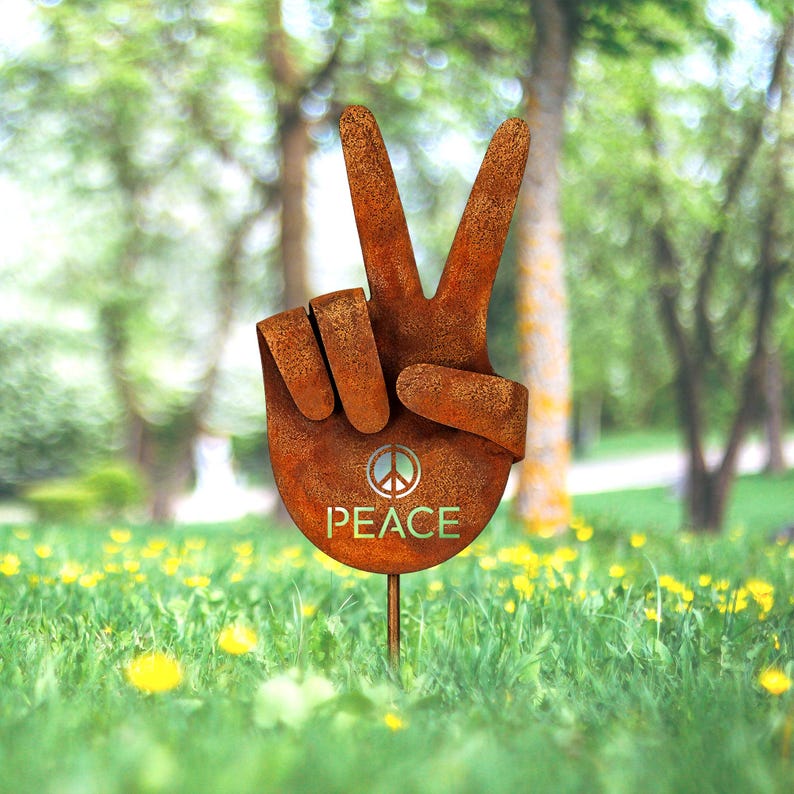 Metal Peace Sign Hand Garden Stake, Hands Metal Yard Art, Hand Gesture ...