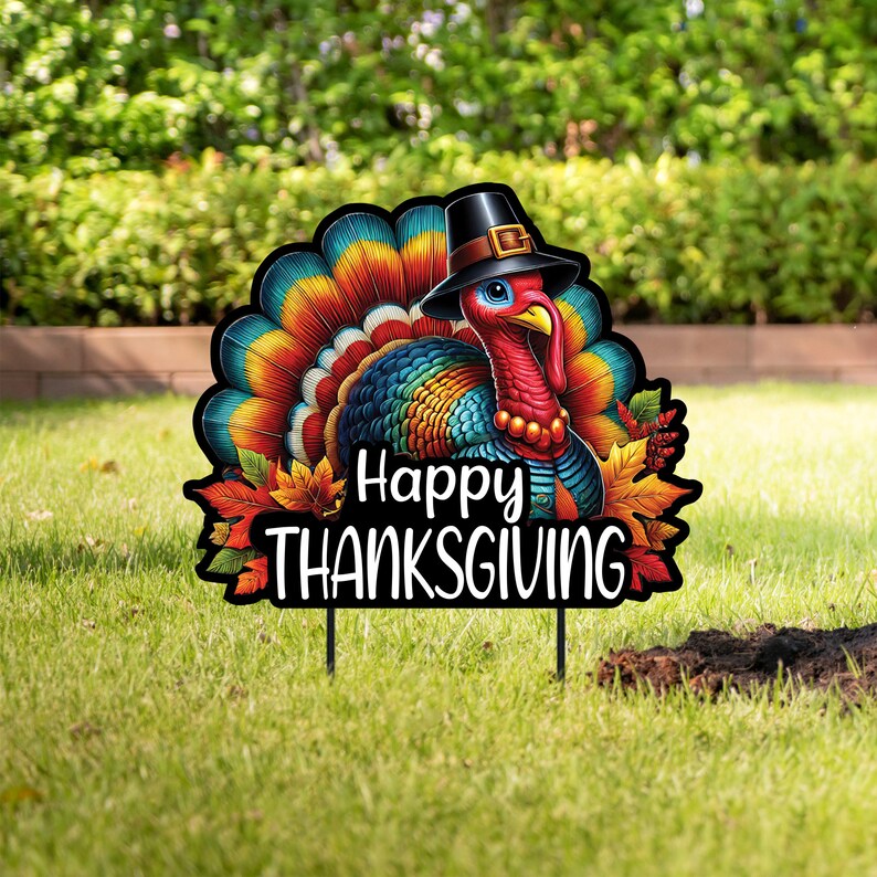 Thanksgiving Turkey Garden Metal Sign, Autumn Colors Happy Thanksgiving ...