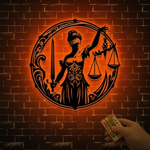 Lady Justice Metal Sign With Led Lights, Themis Justitia Metal Wall Art ...
