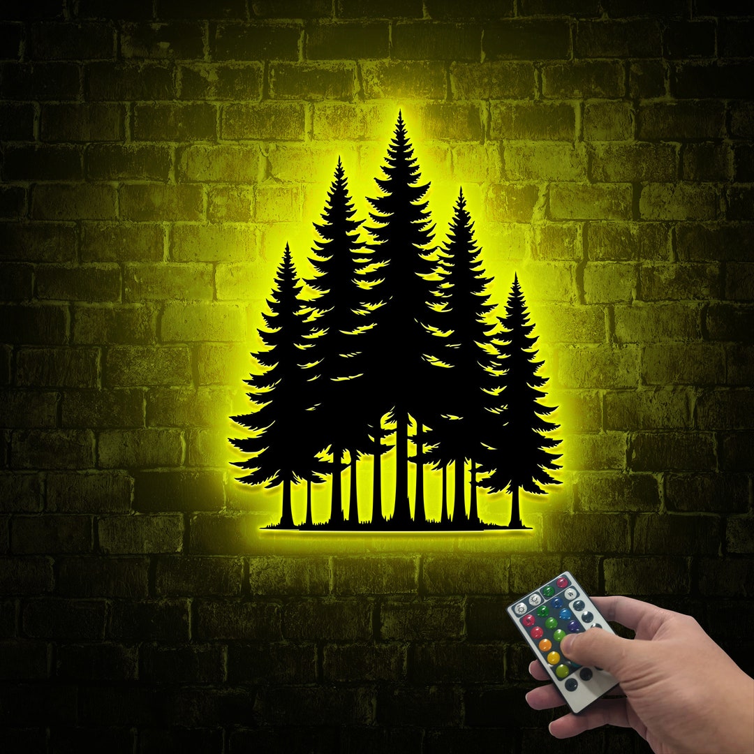 Wispy Pine Tree Metal Wall Art With Led Lights, Cedar Tree Metal Sign ...
