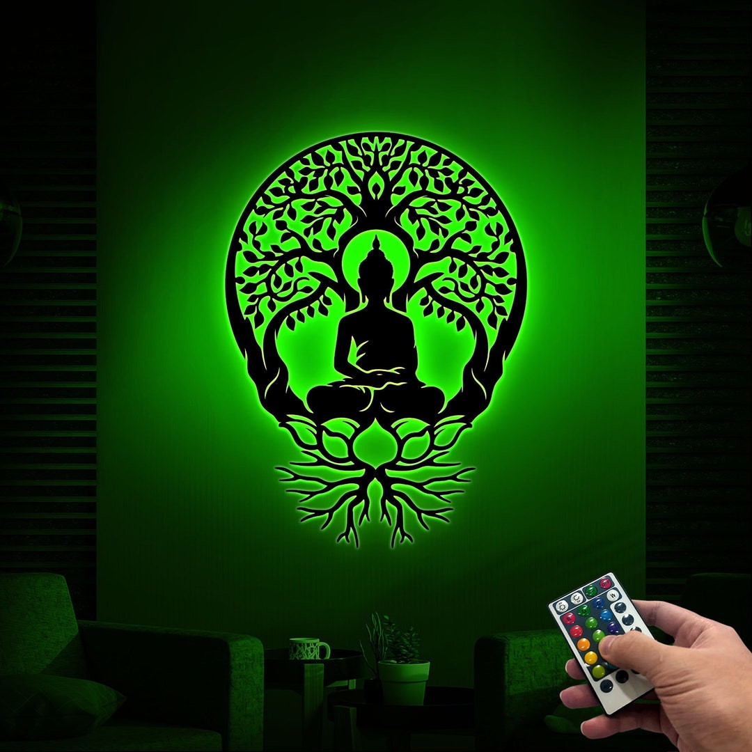 Buddha Metal Wall Art With Led Lights, Buddha Tree of Life, Yoga Studio ...