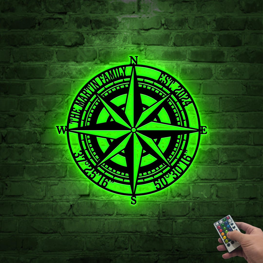 Personalized Compass Metal Sign Wall Art With Led Lights, Family Name ...