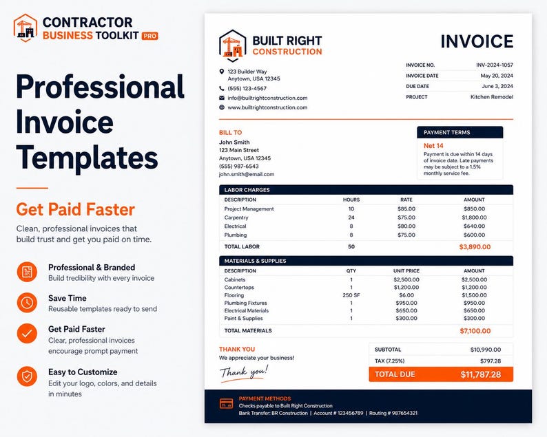 Contractor Estimate Invoice Bundle | Construction Job Costing ...