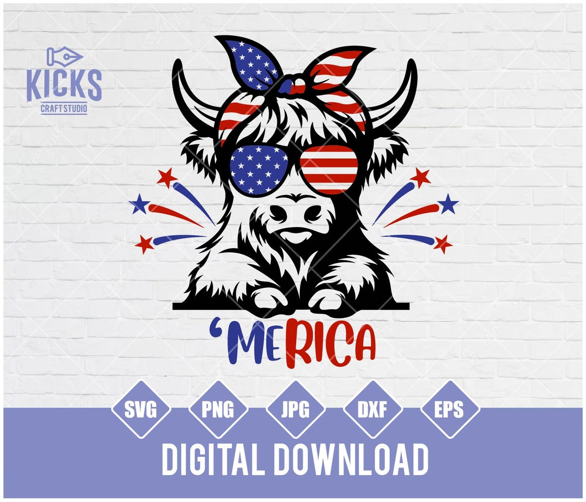 Highland Cow Svg, 4th of July Svg, American Flag Svg, Fourth of July ...