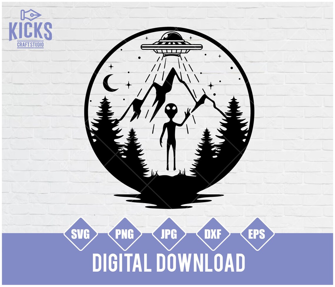 Alien Under the Moon Svg, Alien Svg, UFO Svg, Mountain Scene Svg, Alien ...