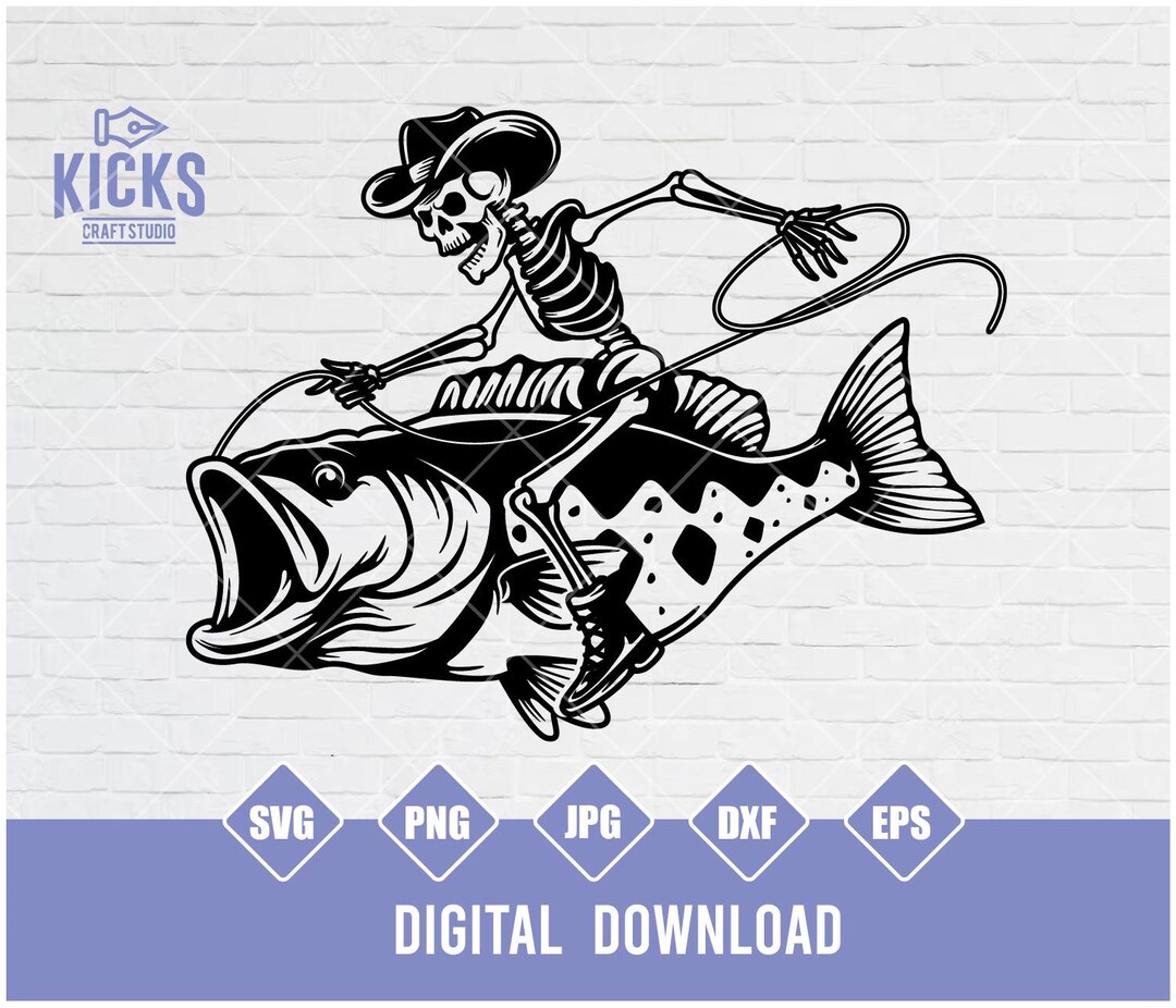 Skeleton Riding a Bassfish Svg | Fisherman Riding Fish Skeleton Svg ...