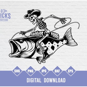 Skeleton Riding a Bassfish Svg | Fisherman Riding Fish Skeleton Svg ...
