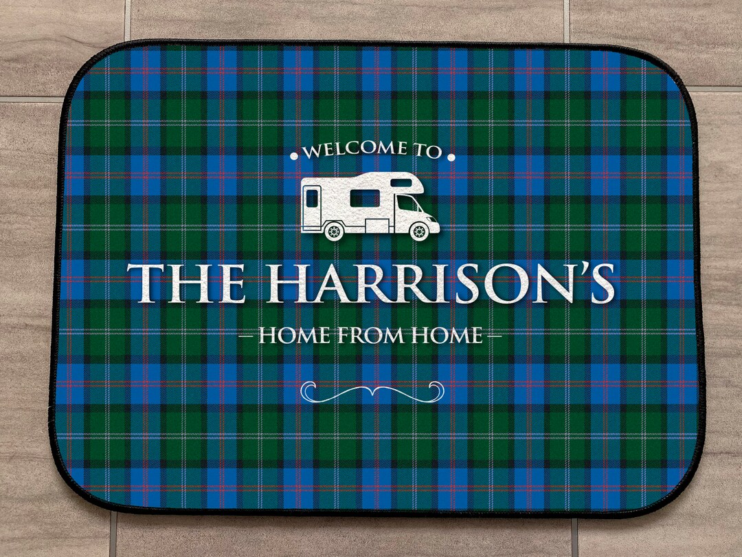 Personalised Camper Van Mat Blue Tartan Mobile Camper Trailer Door Mat ...