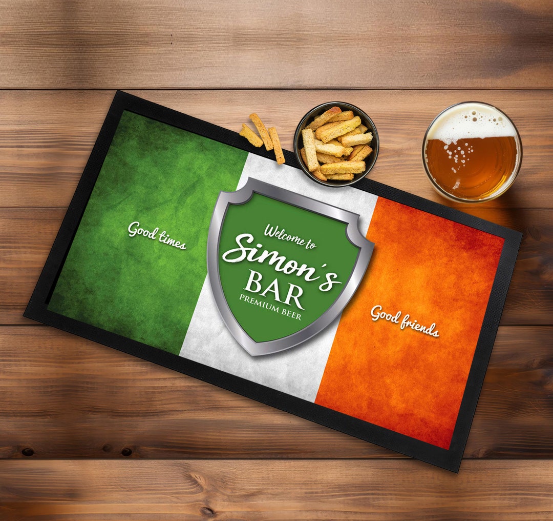Personalised Irish Flag Bar Mat - Any Name Bar, Chrome Shield ...