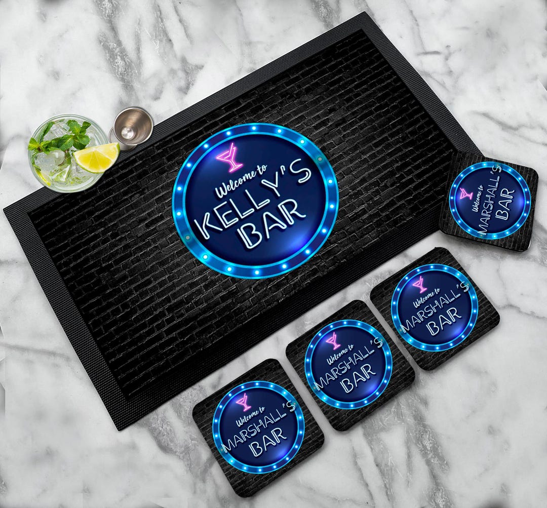 Personalised Bar Runner Mat | Coasters - Blue Neon Circle Cocktail Bar ...