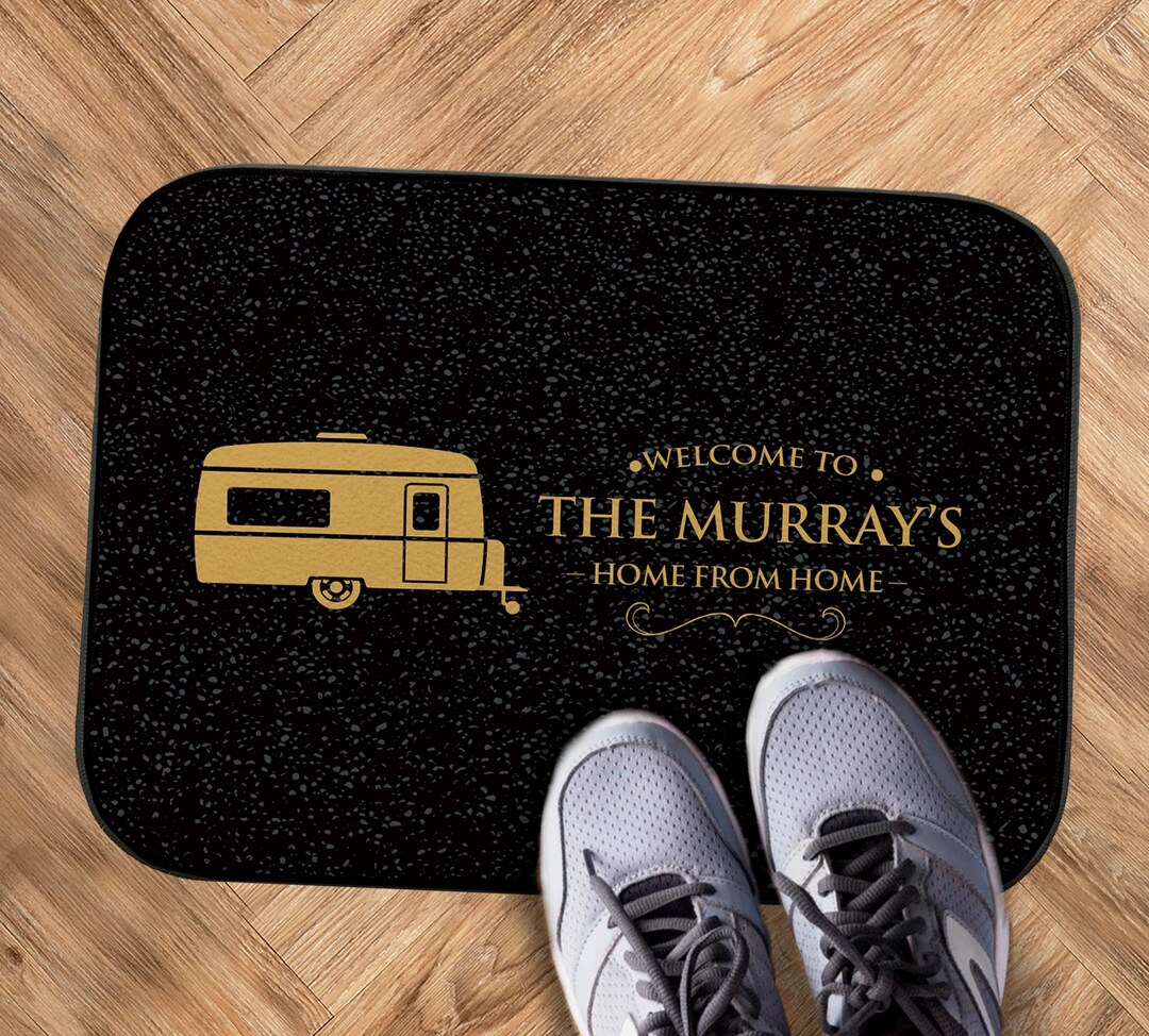 Personalised Caravan Mat - Black/gold , Mobile Caravan Camping Door Mat ...
