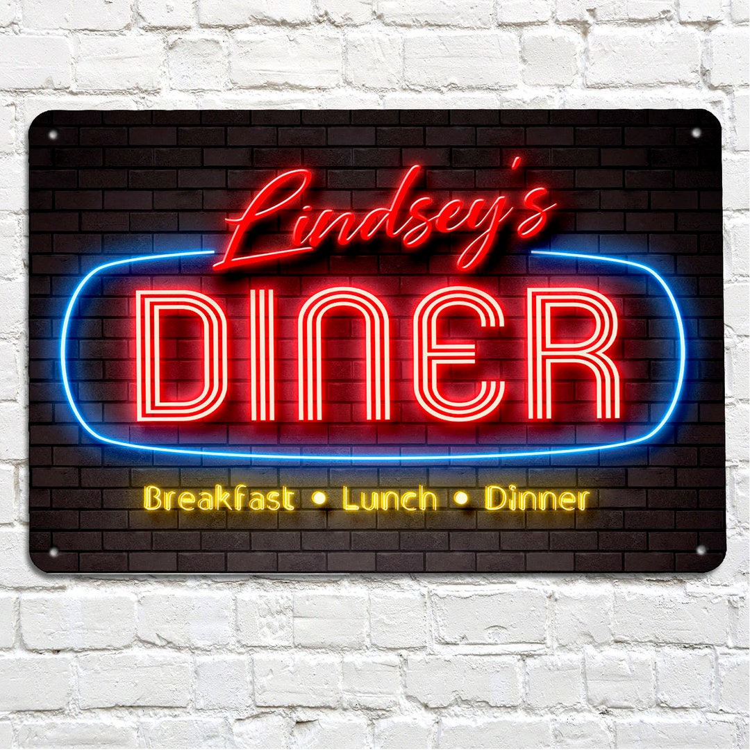 Personalised Diner Sign - Neon Effect Printed Metal Sign A4 American ...