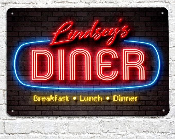 Personalised Diner Sign - Neon Effect Printed Metal Sign A4 American ...
