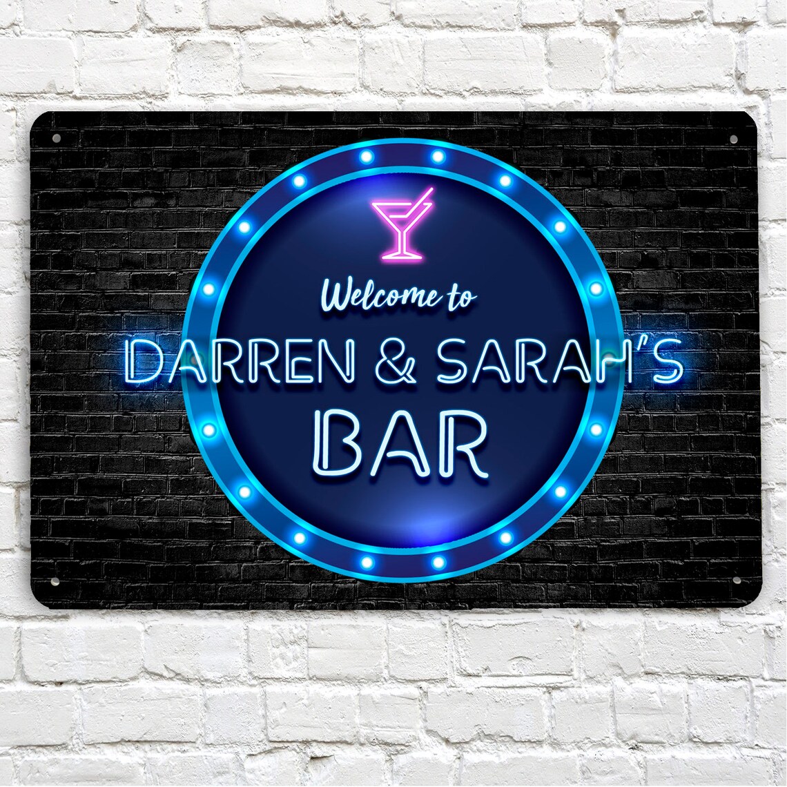 Personalised Bar Sign - Neon Blue Circle Printed Metal Sign A4 Home Bar ...