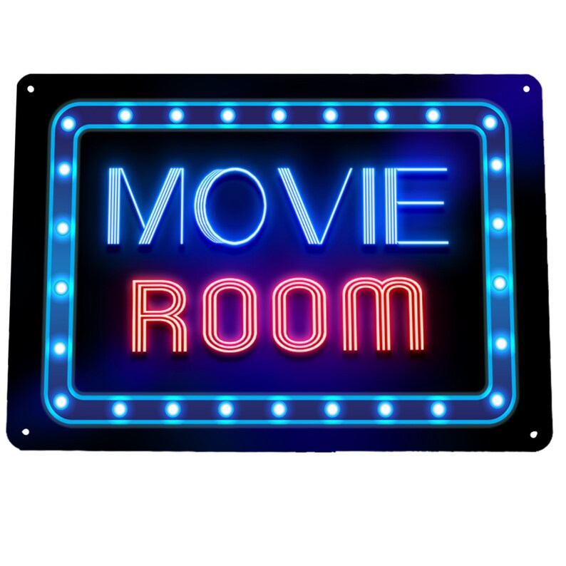 Movie Room Sign - Neon Effect Printed Movie Family Room A4 Metal Sign ...