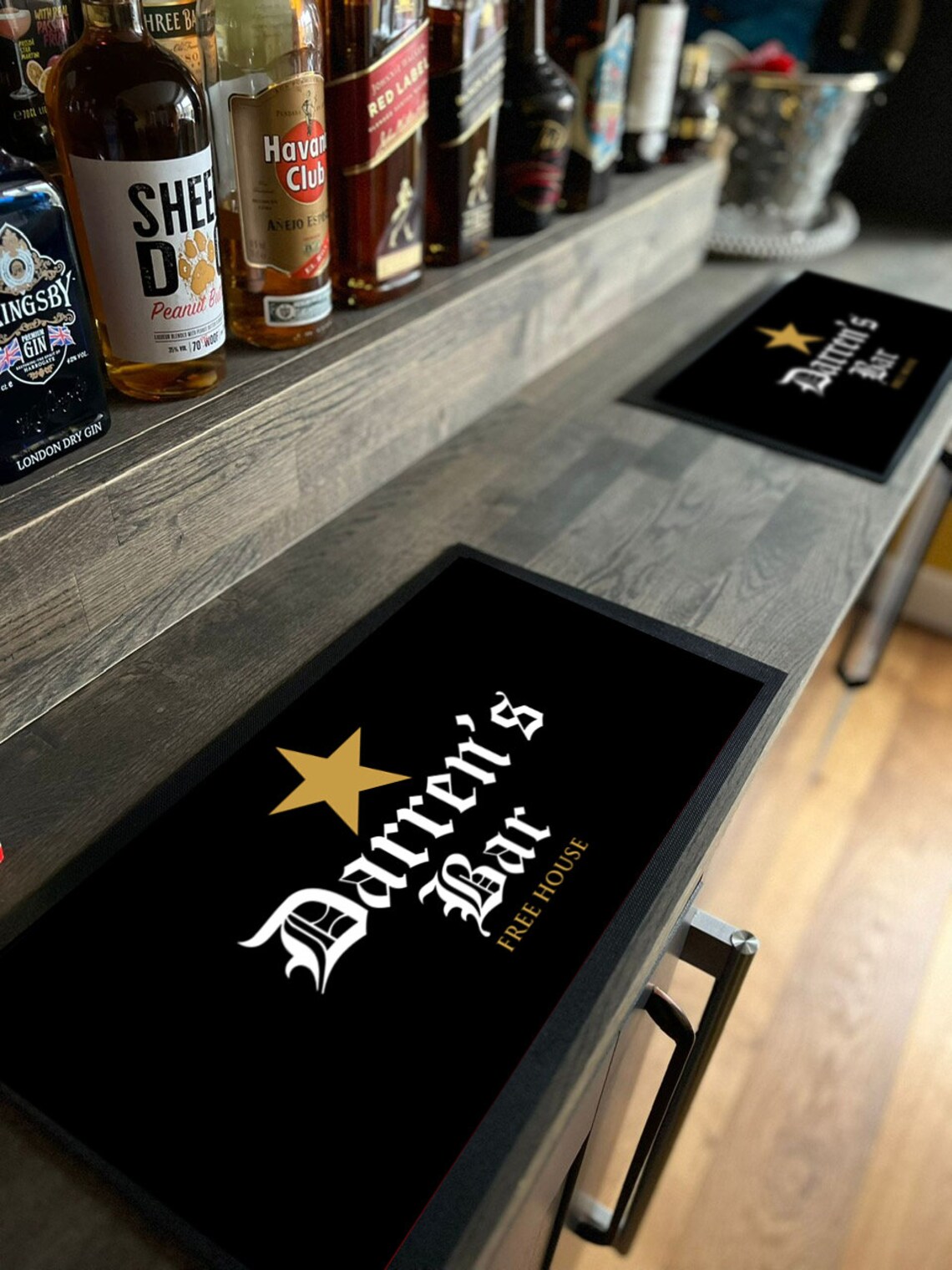 Personalised Bar Runner Mat - Gold Star Black Mat Cocktail Bars BR607 ...