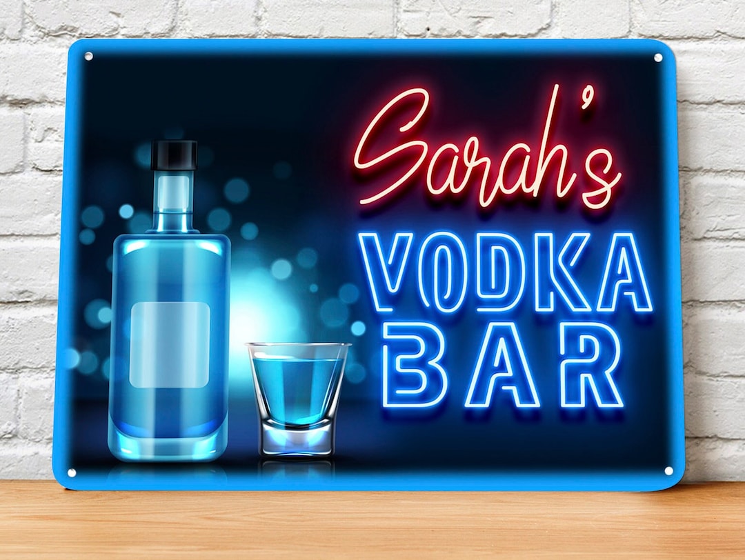 Personalised Vodka Bar Sign - Blue Neon Printed Metal Sign A4 Home Bar ...