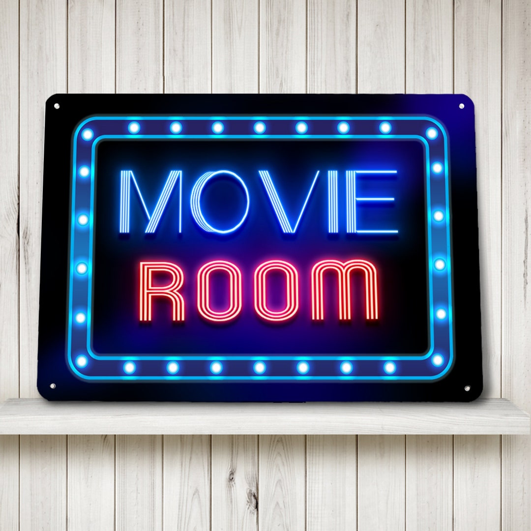 Movie Room Sign - Neon Effect Printed Movie Family Room A4 Metal Sign ...