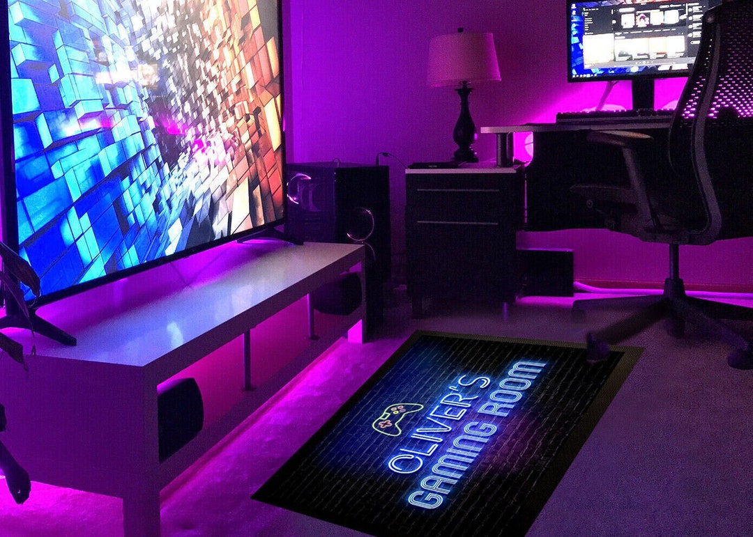 Personalised Gaming Room Mat, Games Room Blue Neon Mat, Video Gamers ...