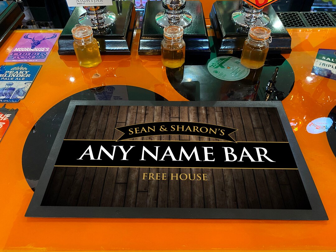Personalised Bar Runner - Wood Effect Gold Text, Home Bar Beer Runner ...