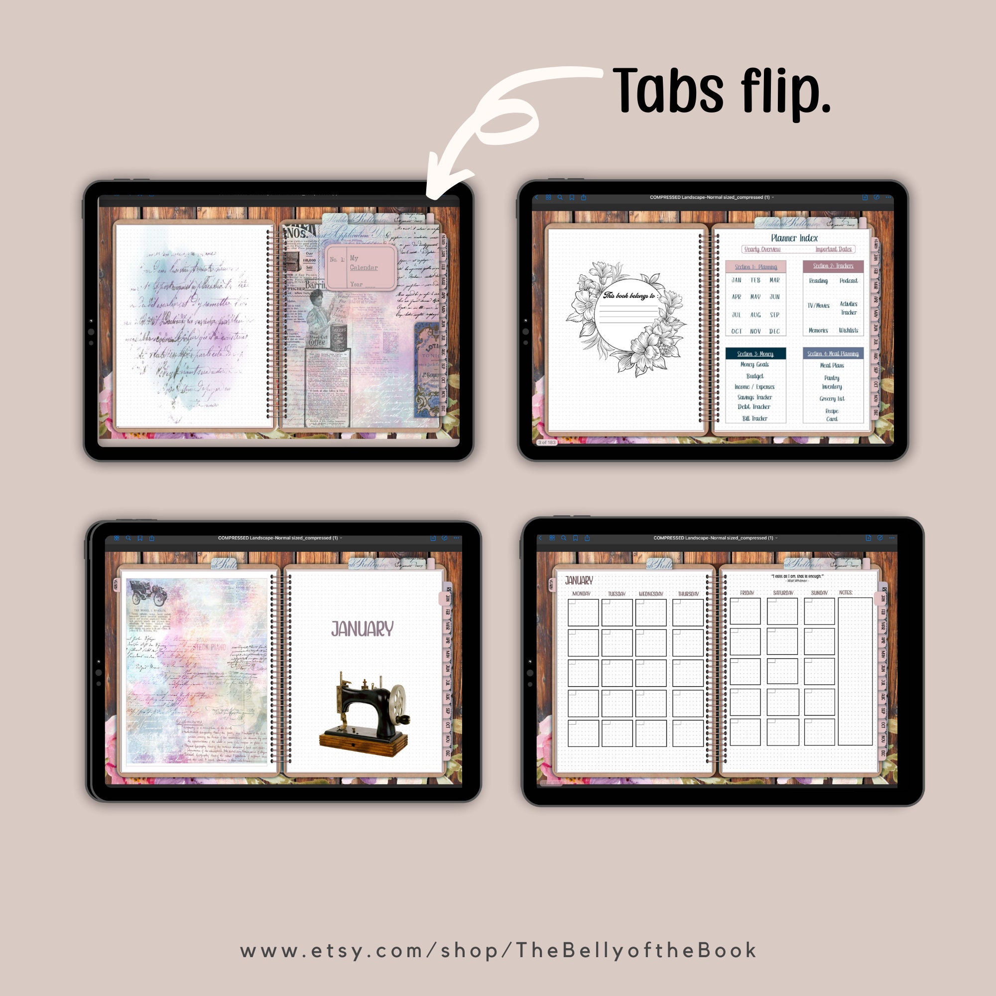 Digital Planner - Vintage Themed | UNDATED | Landscape With Tabs That ...