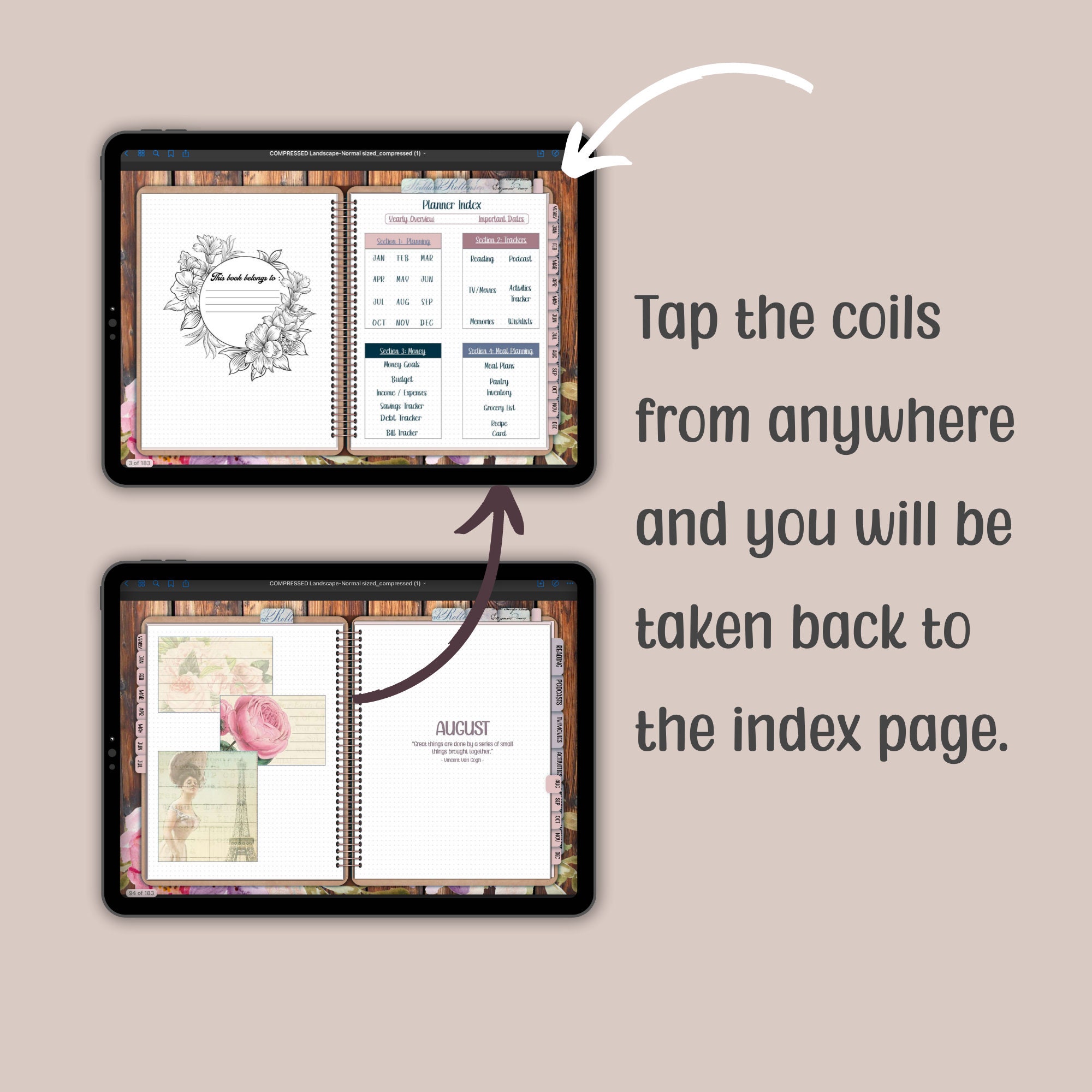 Digital Planner - Vintage Themed | UNDATED | Landscape With Tabs That ...